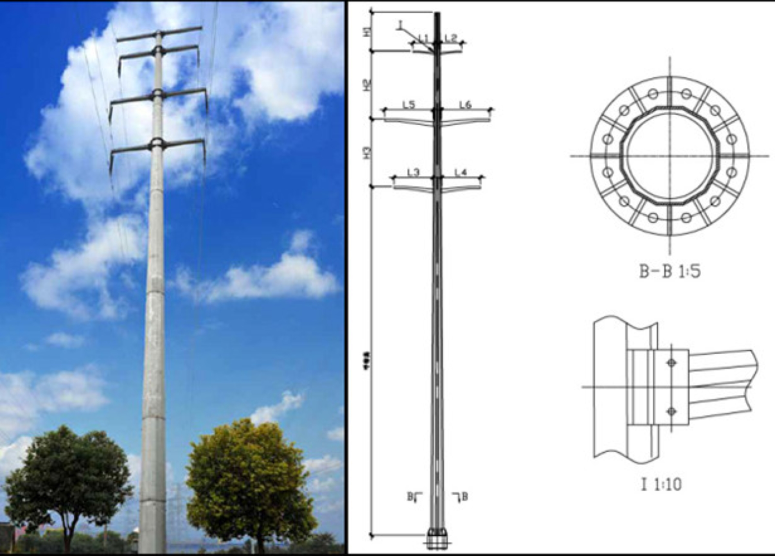 Mono pole double circuit tangent structure with arms - Ovation